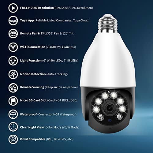 TIENCIY Security Camera Pan-Tilt Light Bulb Camera, FHD 2K Wireless Wi-Fi IP Camera, Home Surveillance CCTV Cameras with Motion Auto Tracking/Siren Alarm/Night Vision/Remote Viewing/Two-Way Audio