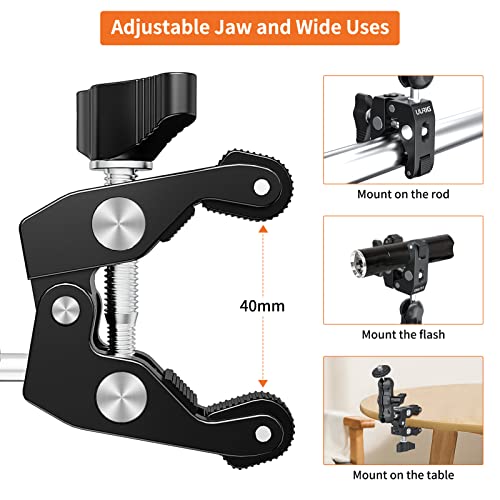 UURIG Super Clamp 360° Ballhead Magic Arm Double Ball Head Adapter Camera Clamp Mount with 1/4"-20 & 3/8"-16 Thread GoPro Clamp for Canon Nikon DSLR Camera/GoPro/Insta360/Monitor/Ronin-M/Freefly MOVI