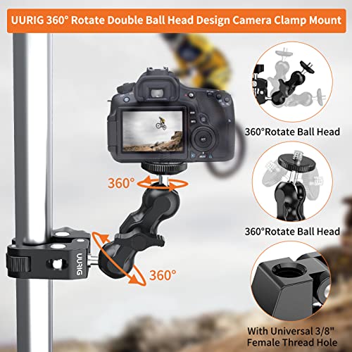 UURIG Super Clamp 360° Ballhead Magic Arm Double Ball Head Adapter Camera Clamp Mount with 1/4"-20 & 3/8"-16 Thread GoPro Clamp for Canon Nikon DSLR Camera/GoPro/Insta360/Monitor/Ronin-M/Freefly MOVI