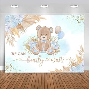 mocsicka we can bearly wait backdrop for boys boho chic blue flowers balloons photography background vinyl boy lovely bear baby shower cake table decoration banner (blue, 7x5ft)