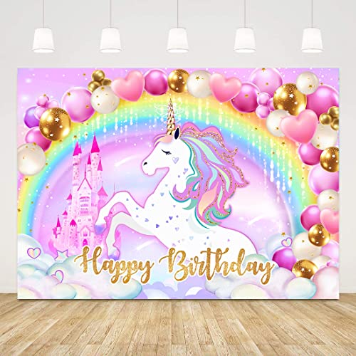 Unicorn Backdrop, Unicorn Photo Backdrops for Girls Birthday Photography 7x5ft, Rainbow Castle Pink Birthday Back Drops Background Banner Decorations for Girls Party Supplies Baby Shower Pictures