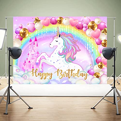 Unicorn Backdrop, Unicorn Photo Backdrops for Girls Birthday Photography 7x5ft, Rainbow Castle Pink Birthday Back Drops Background Banner Decorations for Girls Party Supplies Baby Shower Pictures