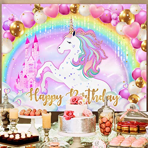 Unicorn Backdrop, Unicorn Photo Backdrops for Girls Birthday Photography 7x5ft, Rainbow Castle Pink Birthday Back Drops Background Banner Decorations for Girls Party Supplies Baby Shower Pictures