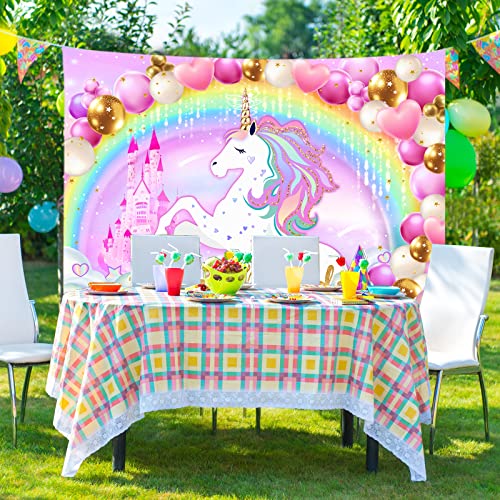 Unicorn Backdrop, Unicorn Photo Backdrops for Girls Birthday Photography 7x5ft, Rainbow Castle Pink Birthday Back Drops Background Banner Decorations for Girls Party Supplies Baby Shower Pictures