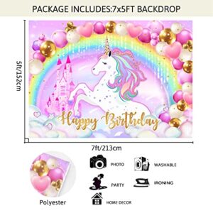 Unicorn Backdrop, Unicorn Photo Backdrops for Girls Birthday Photography 7x5ft, Rainbow Castle Pink Birthday Back Drops Background Banner Decorations for Girls Party Supplies Baby Shower Pictures