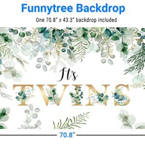 Funnytree 82" x 59" It's Twins Baby Shower Backdrop for Party Green Forest Leaves Birthday Photography Background Cake Table Decoration Banner Supplies Photo Booth Props