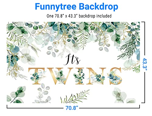 Funnytree 82" x 59" It's Twins Baby Shower Backdrop for Party Green Forest Leaves Birthday Photography Background Cake Table Decoration Banner Supplies Photo Booth Props