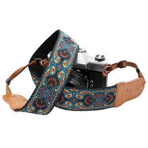 mystic blue camera strap – double layer cowhide ends,2″ pure cotton embroidered woven camera strap,universal neck & shoulder strap adjustable for all dslr / slr cameras,gift for photographers