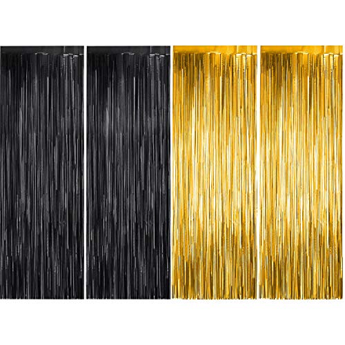 4 Packs Photo Booth Backdrops Foil Curtains Metallic Tinsel Backdrop Curtains Door Fringe Curtains for Wedding Birthday Christmas Halloween Disco Party Favour Decorations (Matt Gold, Matt Black)