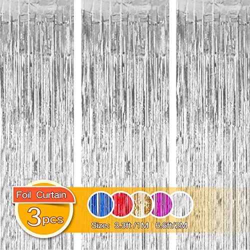 Tayuvira Silver Foil Fringe Curtain, 3 Pcs 3.3ft x 6.6ft Photo Booth Backdrop Streamer Curtains&Photo Booth Props, Party Decorations for Bachelorette Graduation Wedding Birthday