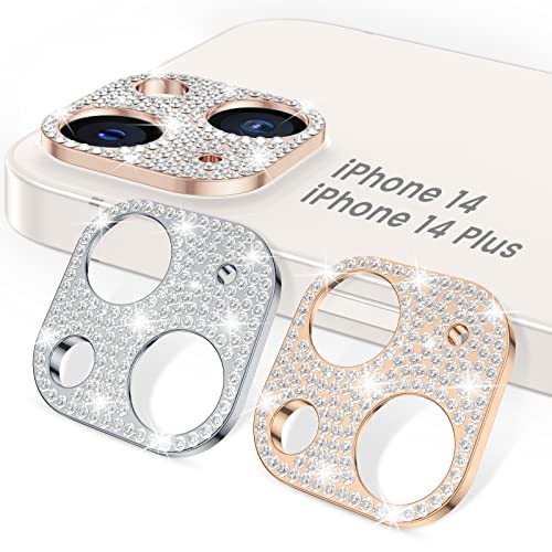 Goton Bling Metal Protector for iPhone 14 Plus & iPhone 14 Camera Lens Protector [No Glass], Glitter Diamond Lens Cover for iPhone 14 Plus & 14 Accessories Silver+Rose Gold