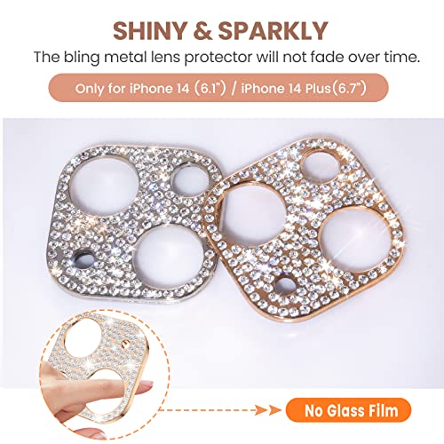 Goton Bling Metal Protector for iPhone 14 Plus & iPhone 14 Camera Lens Protector [No Glass], Glitter Diamond Lens Cover for iPhone 14 Plus & 14 Accessories Silver+Rose Gold