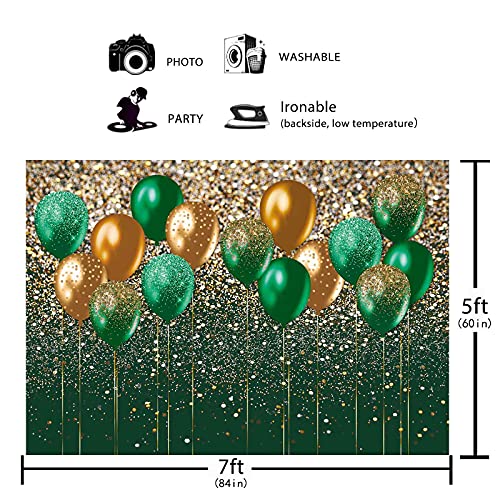 Funnytree 7X5FT Soft Fabric Balloons Backdrop Green and Gold Glitter Background Birthday Woman Prom Graduation Party Banner Cake Table Decor Portrait Photo Studio Photobooth Props Gift Supplies