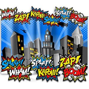 bigtime signs xl superhero backdrop with 6 comic action word photo booth props – compliments any superhero party decorations – 4 x 6 ft – cityscape superhero birthday decorations hangs on wall easily