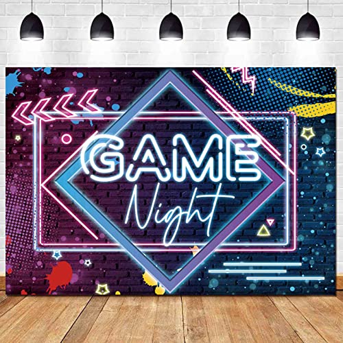 Game Night Theme Photography Backdrops Glow Neon Photo Background 5x3ft for Game On Birthday Party Decor Sleepover Slumber Prom Gaming Party Cake Table Decor Photobooth Supplies