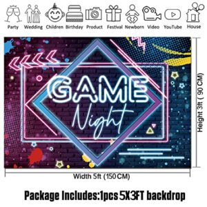 Game Night Theme Photography Backdrops Glow Neon Photo Background 5x3ft for Game On Birthday Party Decor Sleepover Slumber Prom Gaming Party Cake Table Decor Photobooth Supplies