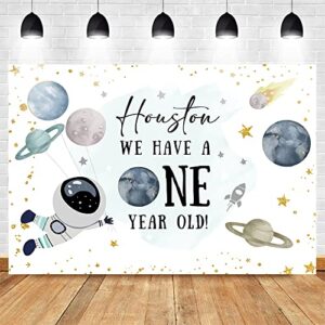 Mocsicka Outer Space First Birthday Backdrop Galaxy Blue Planets Boy 1st Birthday Background Houston Astronaut First Trip Birthday Party Cake Table Decoration Photo Booth Props (7x5ft)