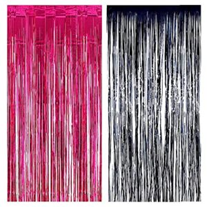 moranti 2 pack 3 ft x 8 ft metallic tinsel foil fringe curtains party backdrop for birthday party photo backdrop decorations (hot pink, black)