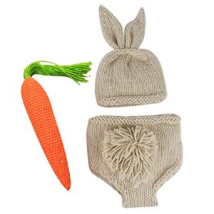 odasdo newborn photography outfits baby boy girl easter bunny costume photo props handmade crochet knit rabbit ear hat cap beanie pom pom diaper cover pants carrot 3pcs set khaki + carrot