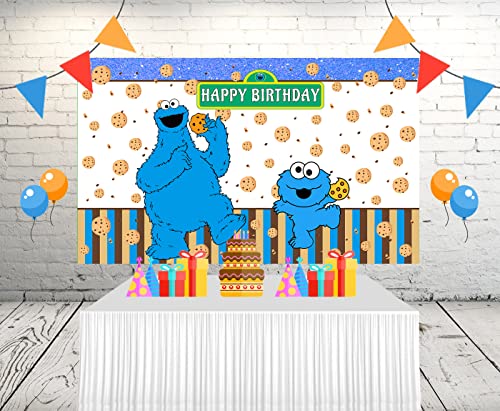 MEDSOX Blue Cookie Monster Backdrop for Birthday Party Supplies 5x3ft Cartoon Banner for Street Party Decorations