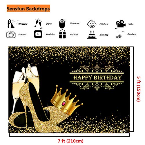 Black Gold Happy Birthday Backdrop Banner Shiny Golden Crown Sequin Champagne High Heels Adult Bday Photography Background for Women Queen Themed Birthday Party Decorations Photo Booth Backdrops 7x5ft