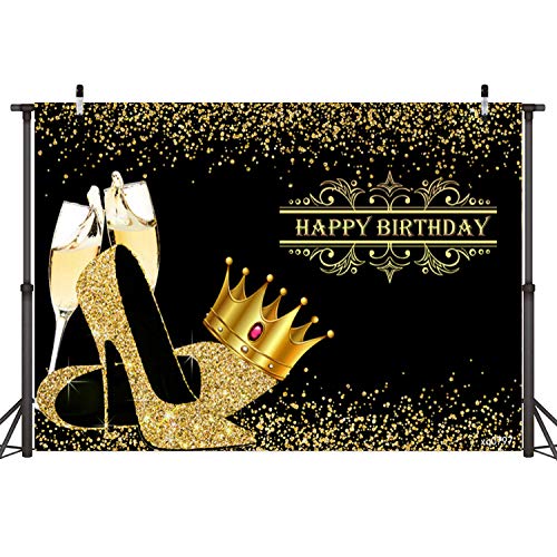 Black Gold Happy Birthday Backdrop Banner Shiny Golden Crown Sequin Champagne High Heels Adult Bday Photography Background for Women Queen Themed Birthday Party Decorations Photo Booth Backdrops 7x5ft