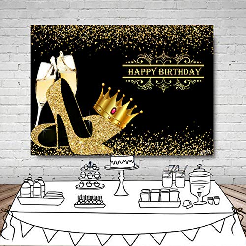 Black Gold Happy Birthday Backdrop Banner Shiny Golden Crown Sequin Champagne High Heels Adult Bday Photography Background for Women Queen Themed Birthday Party Decorations Photo Booth Backdrops 7x5ft