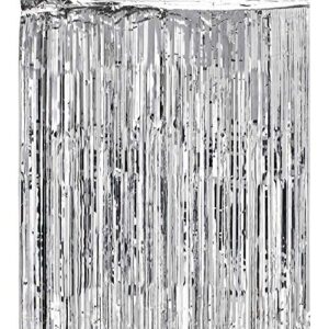 handy basics 3.2 ft x 9.8 ft metallic tinsel foil fringe curtains for party photo backdrop wedding decor (silver)