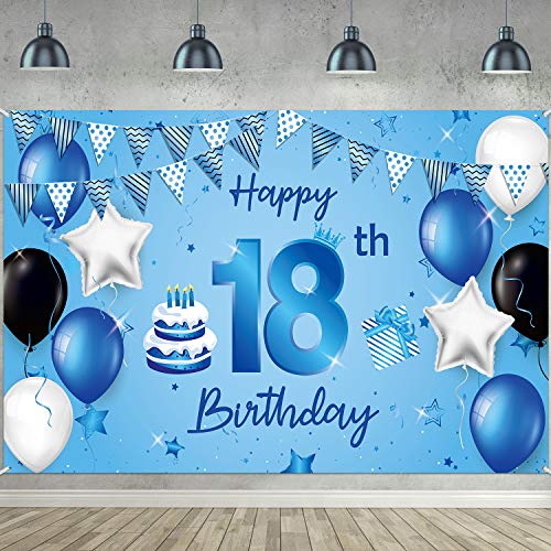 Happy 18th Birthday Backdrop Banner Extra Large Fabric Blue 18th Birthday Sign Poster Photography Background Backdrop Banner for 18th Birthday Anniversary Party Decorations Supplies, 72.8 x 43.3 Inch