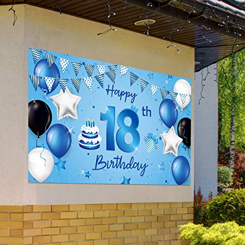 Happy 18th Birthday Backdrop Banner Extra Large Fabric Blue 18th Birthday Sign Poster Photography Background Backdrop Banner for 18th Birthday Anniversary Party Decorations Supplies, 72.8 x 43.3 Inch