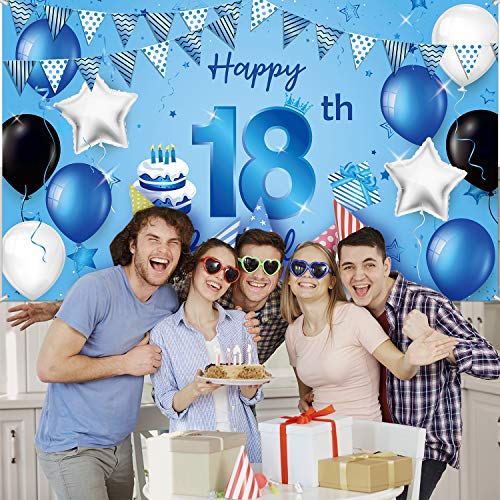 Happy 18th Birthday Backdrop Banner Extra Large Fabric Blue 18th Birthday Sign Poster Photography Background Backdrop Banner for 18th Birthday Anniversary Party Decorations Supplies, 72.8 x 43.3 Inch