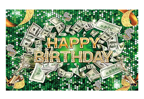 Funnytree 70.8" x 43.3" Money Birthday Backdrop Green Happy Birthday Party Banner Glitter Diamond Luxury Champagne Background Supplies Cake Table Decor Gifts Photobooth Props