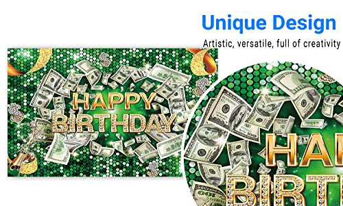 Funnytree 70.8" x 43.3" Money Birthday Backdrop Green Happy Birthday Party Banner Glitter Diamond Luxury Champagne Background Supplies Cake Table Decor Gifts Photobooth Props