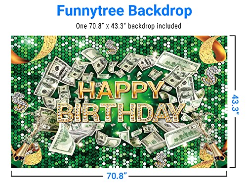 Funnytree 70.8" x 43.3" Money Birthday Backdrop Green Happy Birthday Party Banner Glitter Diamond Luxury Champagne Background Supplies Cake Table Decor Gifts Photobooth Props