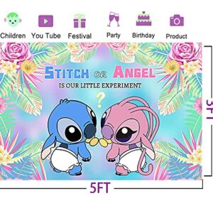 Stitch and Angel Gender Reveal Backdrop Summer Hawaii Baby Shower Banner for Party Decorations Supplies 5x3ft