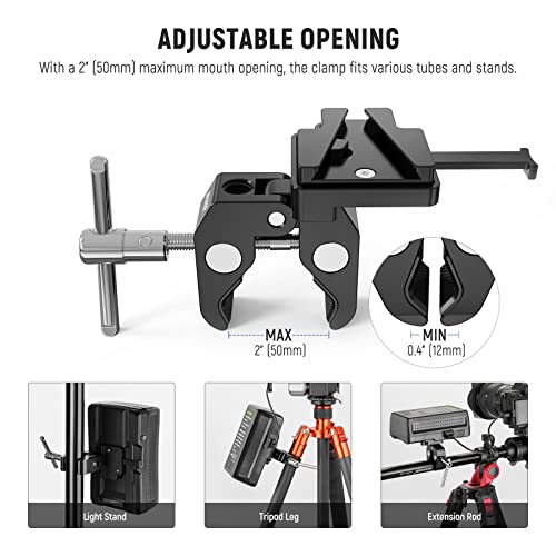 NEEWER Mini V Mount Battery Plate with Super Crab Clamp, V Lock Battery Clamp with QR Lock, Wider Open for Tripod Photography Light Stand C Stand Gimbal Shoulder Rig Compatible with SmallRig, PS003