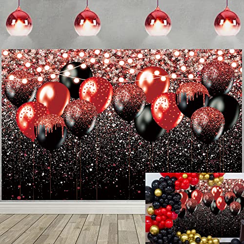 Red and Black Glitter Backdrop Balloons Bokeh Birthday Photography Background for Men and Women, Suitable for Wedding Prom Party Decoration Banner Props 7x5FT(Width 210cm x Height 150cm)