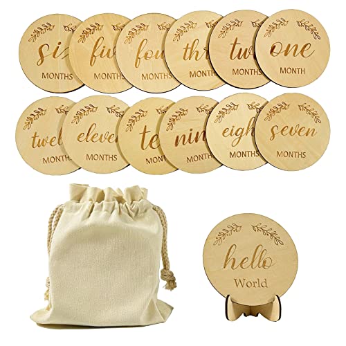 Baby Milestone Cards | 13 Double Sided Wooden Monthly Milestone Discs with Easel Stand | Baby Milestone Markers | Newborn Photography Props | Pregnancy and Baby Shower Gifts for Boys & Girls