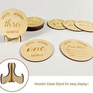 Baby Milestone Cards | 13 Double Sided Wooden Monthly Milestone Discs with Easel Stand | Baby Milestone Markers | Newborn Photography Props | Pregnancy and Baby Shower Gifts for Boys & Girls