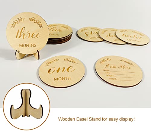 Baby Milestone Cards | 13 Double Sided Wooden Monthly Milestone Discs with Easel Stand | Baby Milestone Markers | Newborn Photography Props | Pregnancy and Baby Shower Gifts for Boys & Girls