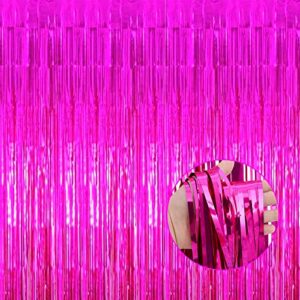 halloweendecorate 4 pack fuchsia foil fringe curtain backdrop,3.28ft x 8.2ft metallic tinsel foil fringe streamer curtains for party,photo booth props,birthday,graduation decoration party supplies