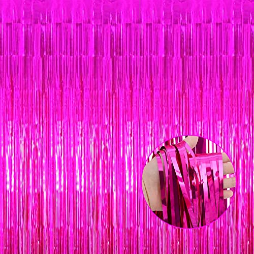 HalloweenDecorate 4 Pack Fuchsia Foil Fringe Curtain Backdrop,3.28Ft x 8.2Ft Metallic Tinsel Foil Fringe Streamer Curtains for Party,Photo Booth Props,Birthday,Graduation Decoration Party Supplies