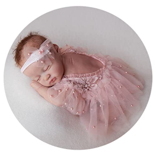 Zeroest Newborn Photography Outfits Girl Lace Romper Newborn Photography Props Rompers Baby Girls Skirt Photoshoot 3PCS (Pink-Short Sleeve)