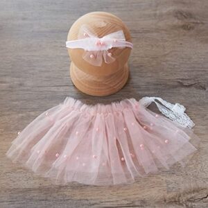 Zeroest Newborn Photography Outfits Girl Lace Romper Newborn Photography Props Rompers Baby Girls Skirt Photoshoot 3PCS (Pink-Short Sleeve)