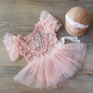 Zeroest Newborn Photography Outfits Girl Lace Romper Newborn Photography Props Rompers Baby Girls Skirt Photoshoot 3PCS (Pink-Short Sleeve)