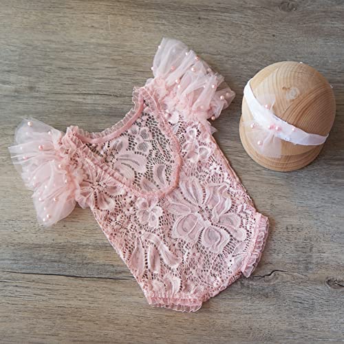 Zeroest Newborn Photography Outfits Girl Lace Romper Newborn Photography Props Rompers Baby Girls Skirt Photoshoot 3PCS (Pink-Short Sleeve)