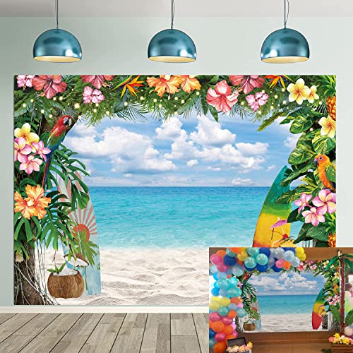 Summer Hawaiian Beach Backdrop Tropical Flowers Luau Photography Background Surfboard Blue Sky Ocean Palm Leaves Aloha Party Decorations Large Tiki Birthday Photo Booth Props