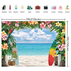 Summer Hawaiian Beach Backdrop Tropical Flowers Luau Photography Background Surfboard Blue Sky Ocean Palm Leaves Aloha Party Decorations Large Tiki Birthday Photo Booth Props