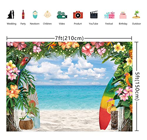 Summer Hawaiian Beach Backdrop Tropical Flowers Luau Photography Background Surfboard Blue Sky Ocean Palm Leaves Aloha Party Decorations Large Tiki Birthday Photo Booth Props