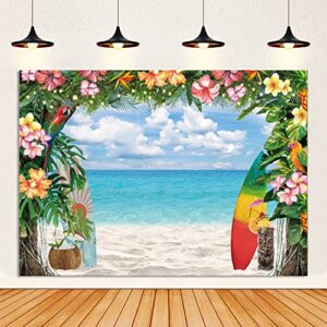 Summer Hawaiian Beach Backdrop Tropical Flowers Luau Photography Background Surfboard Blue Sky Ocean Palm Leaves Aloha Party Decorations Large Tiki Birthday Photo Booth Props